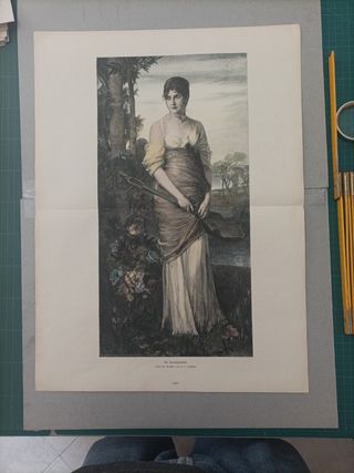 Suonatrice di liuto stampa antica originale