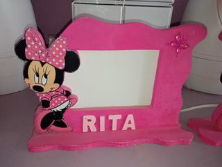 portafoto e lampada in legno glitter fucsia