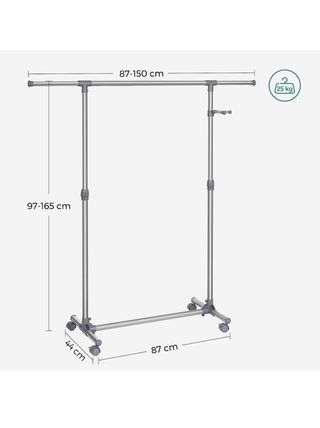 Burro o colgador de ropa metálico con ruedas.