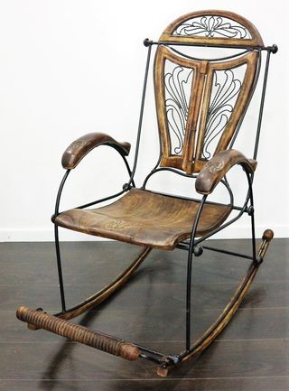 SEDIA POLTRONA A DONDOLO IN MOGANO FERRO BATTUTO