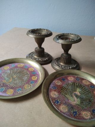 Set 2 portacandele + 2 piattini ottone