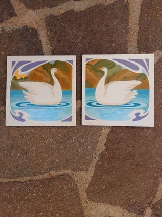 Coppia di mattonelle ceramica cigni 15x15