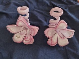 Due portacandele vetro murano fiori rosa