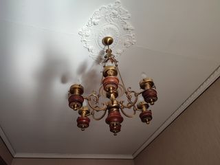 Lampadario legno/ottone + coppia lampade