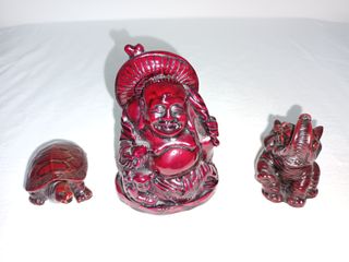 3 Statuine pietra rossa Buddha Tartaruga Elefante