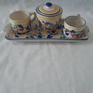 set 2 tazzine + vassoio + zuccheriera dipinte a ma