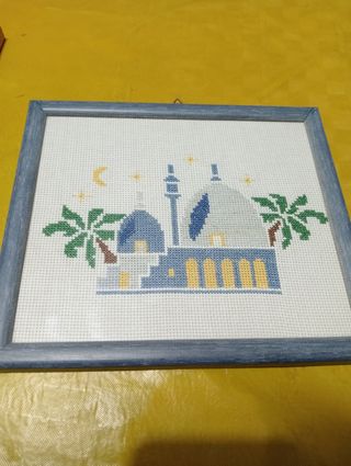 Quadretto a punto croce, cornice azzurra