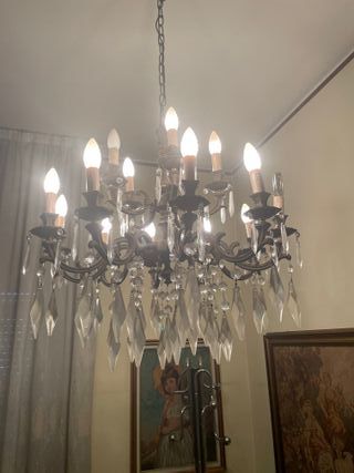 LAMPADARIO IN OTTONE E CRISTALLO DI BOEMIA ANNI 70