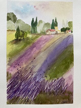 Acquerello panorama prato di lavanda