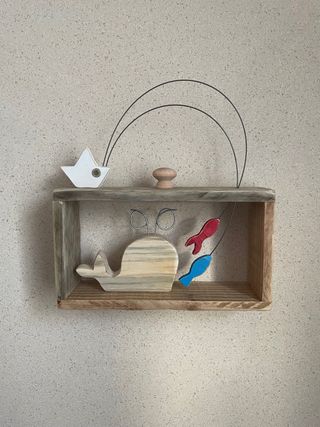 Quadro in legno e metallo balena barca Handmade