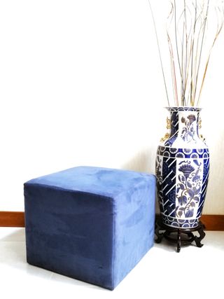 Pouf Blu in Velluto, Quadrato, Cubo + Cuscino in c