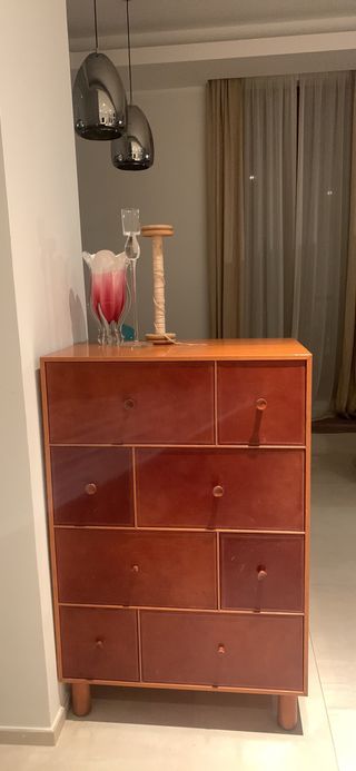 Cassettiera design legno, 8 cassetti fronte cuoio