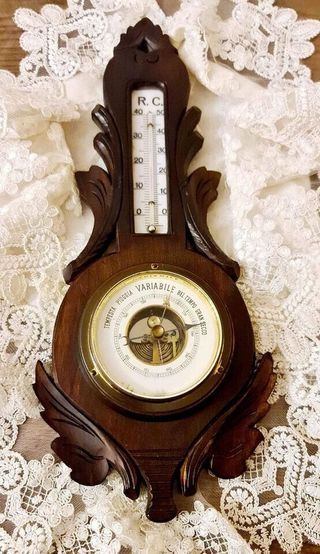 Antico barometro e termometro per interni in legno