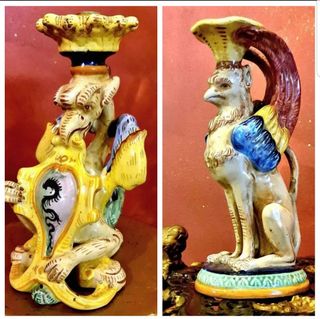 antichi candelieri drago e grifone in maiolica