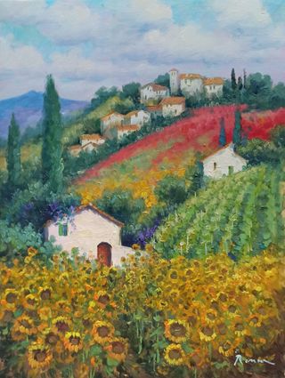 Dipinto Toscana collina fiorita tela quadro 30x40