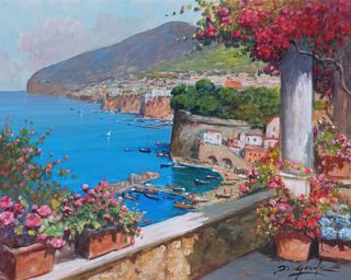 Dipinto Sorrento terrazza fiori tela quadro 40x50