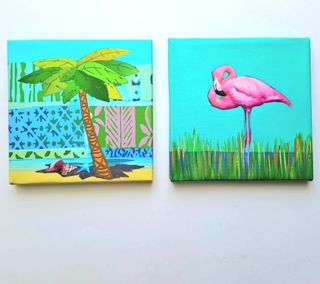Quadri Caribbean palm and Pink flamingo