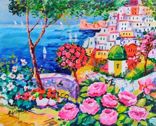 Dipinto Positano fioritura quadro tela 40x50