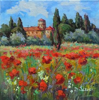Dipinto Toscana campagna fiori quadro tela 30x30