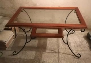 Tavolino in Legno,Ferro battuto e Vetro