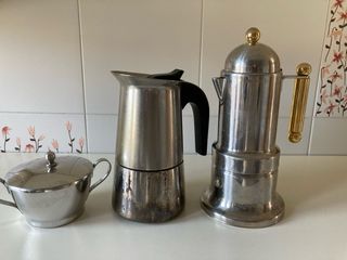 set 2 caffettiere in acciao e zuccheriera vintage