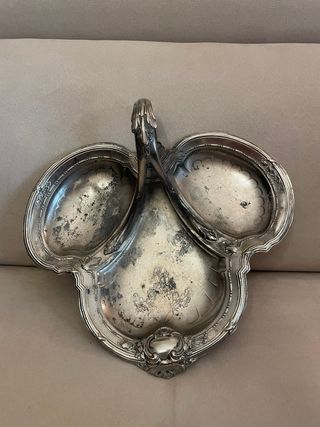 Antica pastiera / centrotavola in peltro argentato